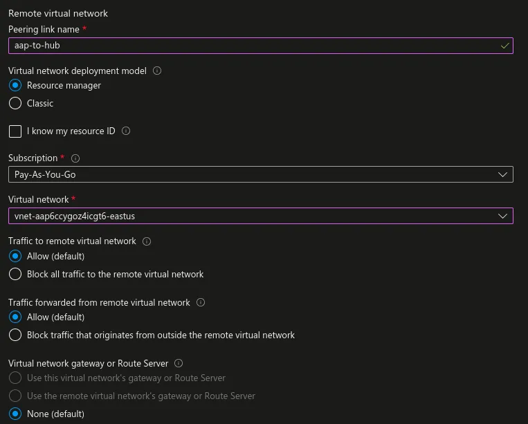 Network peering on Red Hat Ansible Automation Platform on Microsoft Azure